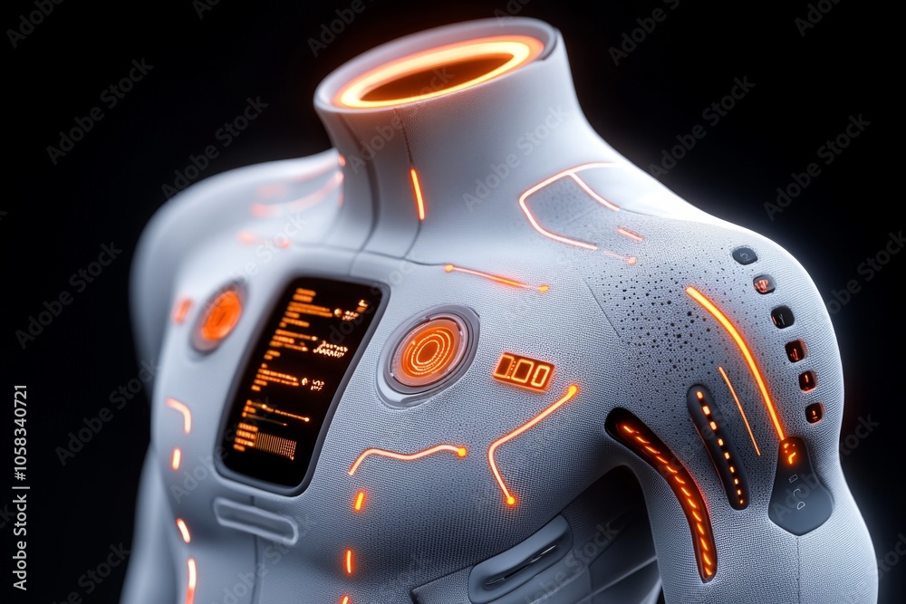 Futuristic high-tech uniform with digital ID display, capturing the ...