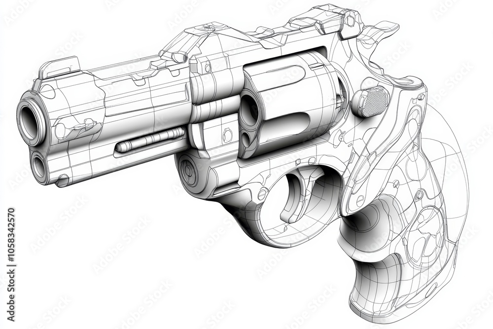 Outline of a revolver with exaggerated curves and simple shading ...