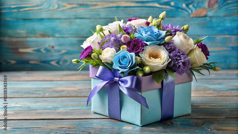 Gift box filled with a bouquet of fresh flowers in shades of blue ...