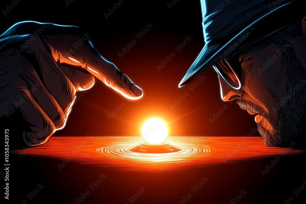 Vintage-style illustration of a detective questioning a suspect with a ...
