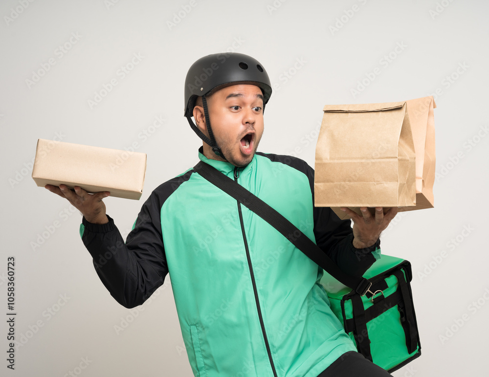Young asian rider wearing green jacket uniform and helmet various ...