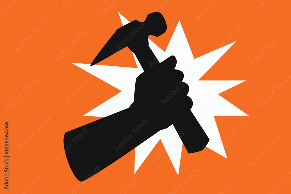 icon or sign , hand holding hammer , hit - smash- break -crash ...