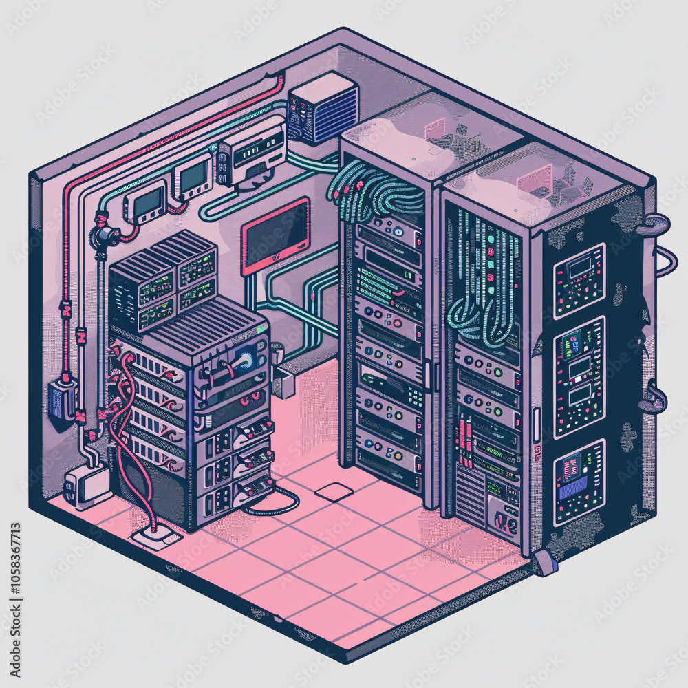 ภาพประกอบสต็อก Detailed isometric illustration of a server room setup ...