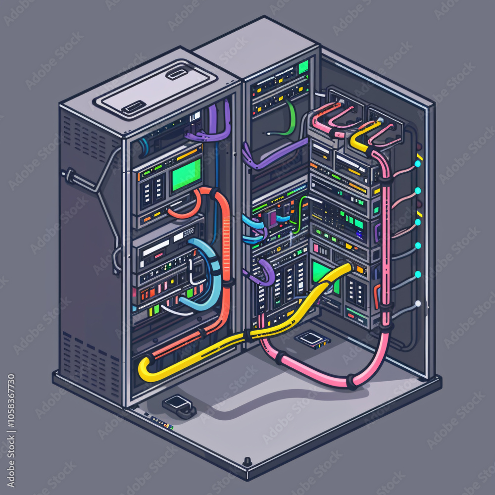 Detailed isometric illustration of a server rack with organized ...