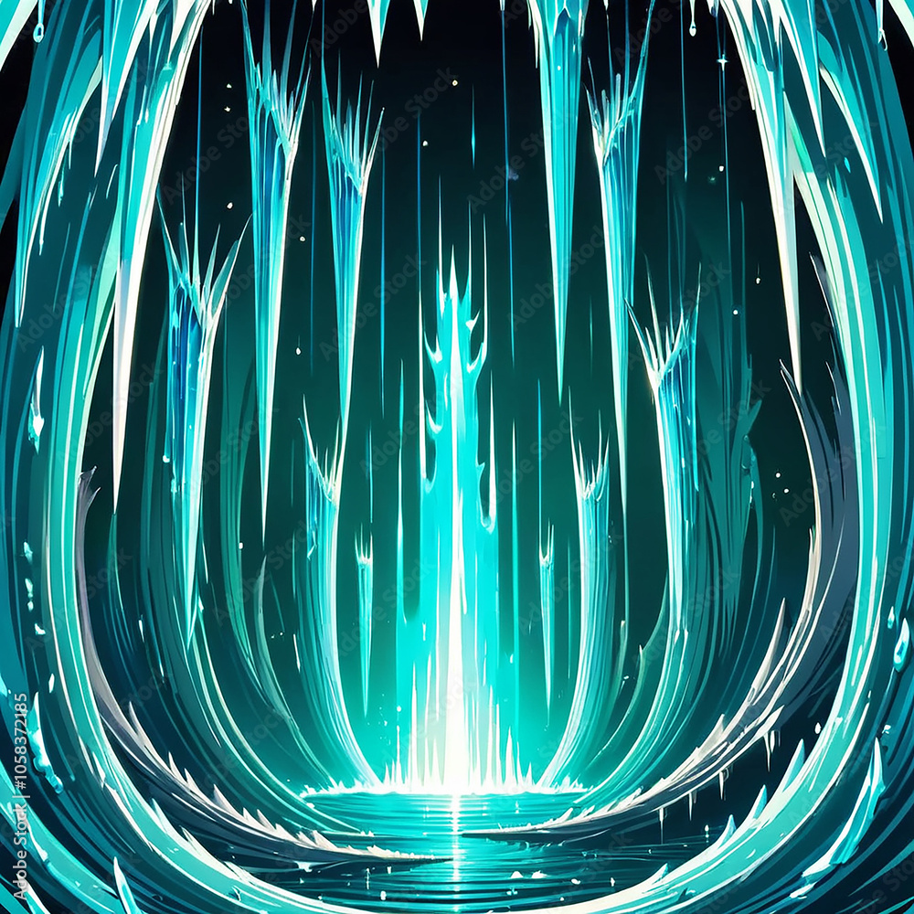 A digital illustration depicting an abstract cavelike environment with an ethereal glow ...