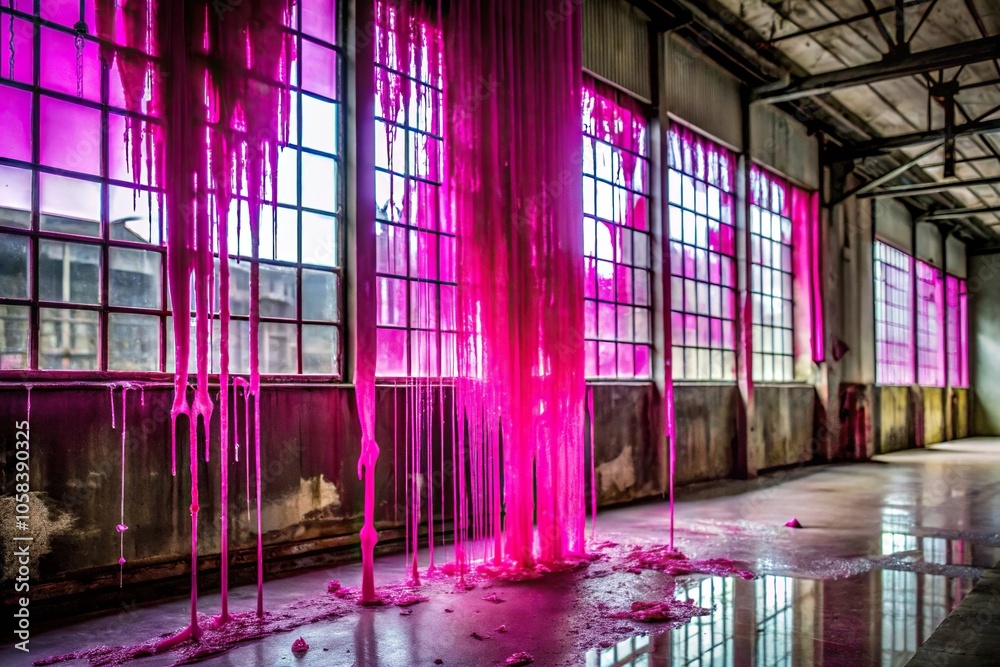 Fuchsia colored goo drips slowly down a glass wall in an abandoned ...