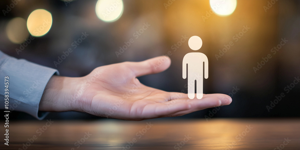 A hand presenting a human icon, representing concepts of customer ...