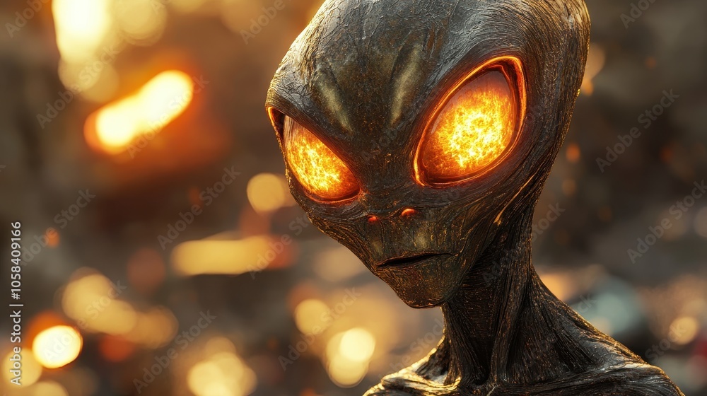 A highly detailed 3D character render of an alien with glowing eyes and ...
