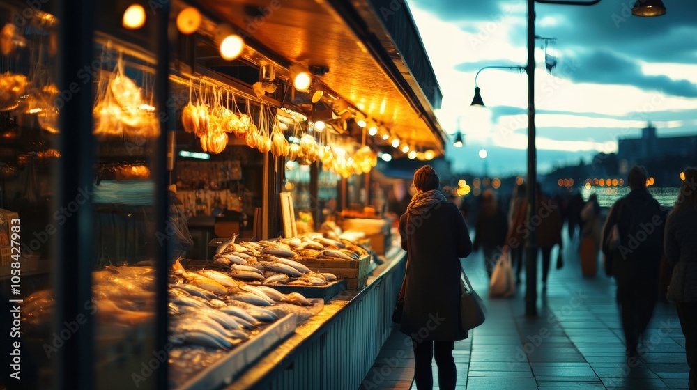 Evening market scene with a bustling crowd, illuminated stalls, and a ...