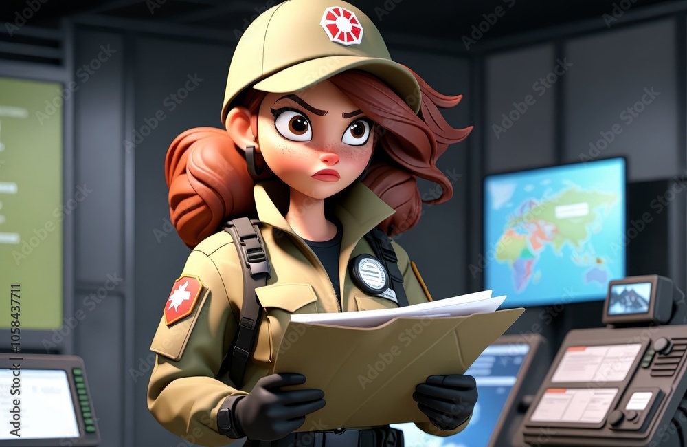 Animated female ranger reviewing documents in command center Stock ...