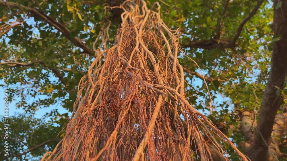camera rotating around the roots of banyan tree, it develops accessory ...
