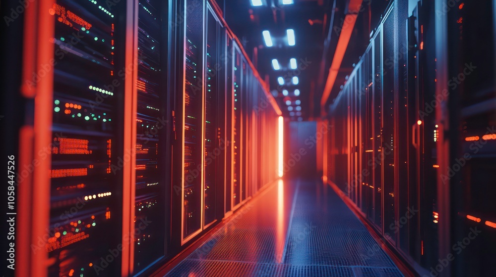 IT working server room with rows of supercomputers. 3D concept illustration of information ...