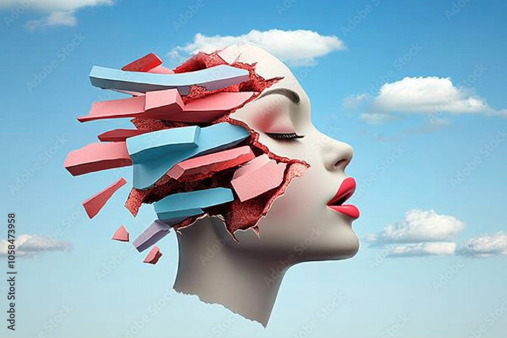 Woman's face is shown with a broken, shattered appearance. The image is ...