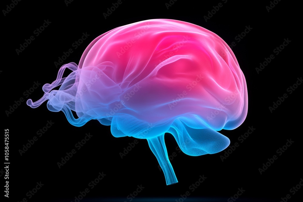 Brain with pink, blue and purple colors. The brain is shown in a 3D ...