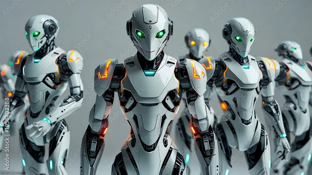 Future humanoid robots line up. Advanced AI and robotics technology ...