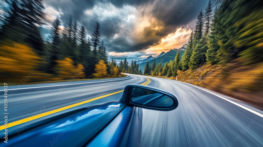 dynamic car perspective on winding mountain road, pine forest flanking ...
