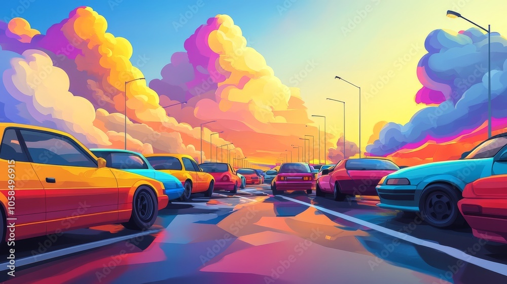 modern digital artwork, vibrant automobiles in fender bender, geometric ...