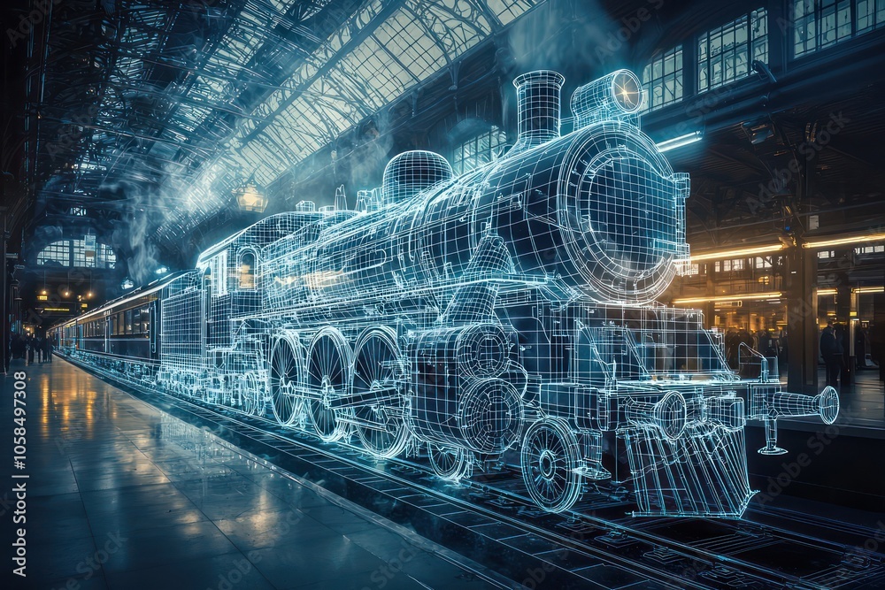 Wireframe blueprints display a vintage steam train at a station with ...