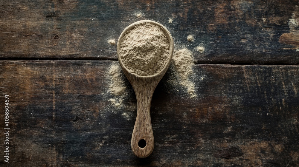 Whey protein powder in a scoop placed on a rustic wooden backdrop ...