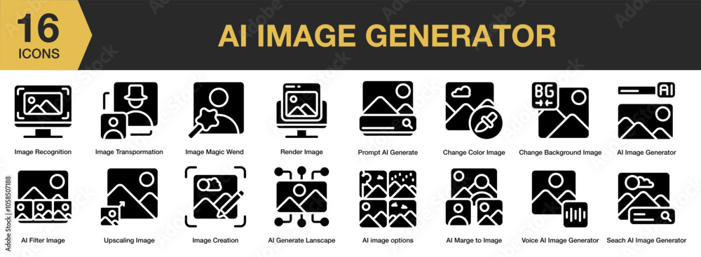 Ai Image Generator solid icon set. Includes voice, upscaling, search ...