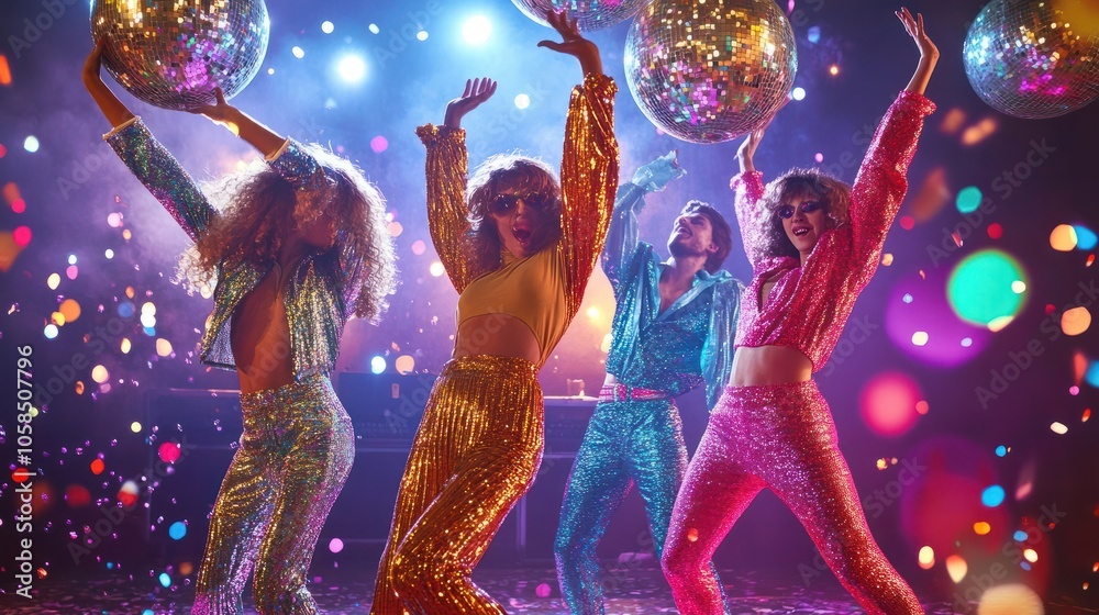 1970s Disco Dancing. A group of friends grooving to the funky beats at ...