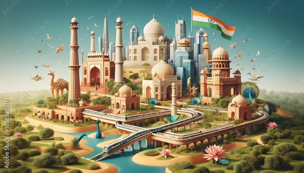 A 3d rendered blend of iconic monuments like the Taj Mahal, Qutub Minar ...