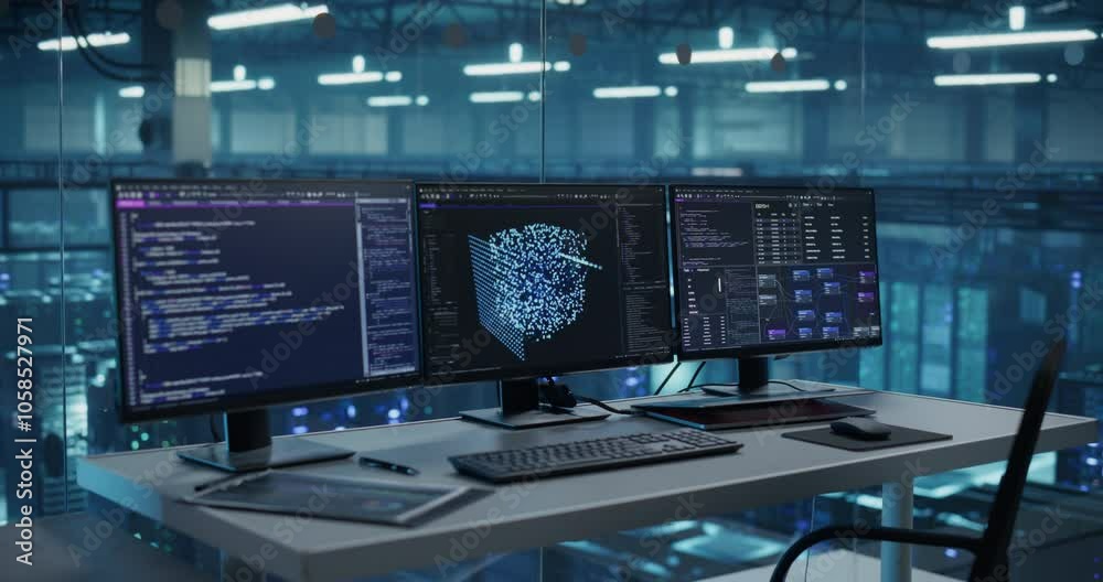 Computer Monitors Displaying AI Coding Sequences and Model Analytics ...