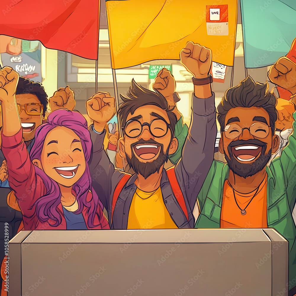 Cartoon scene of diverse characters cheering at a voting booth, flags ...