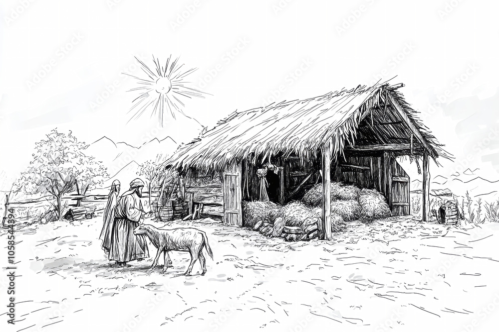 Birth of Jesus in a rustic hut with Mary, Joseph, and gathered figures ...