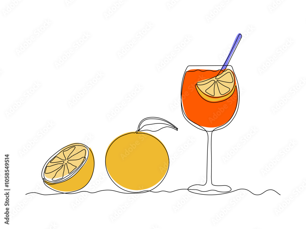 spritz aperol cocktail and orange fruit. continuous single line art ...