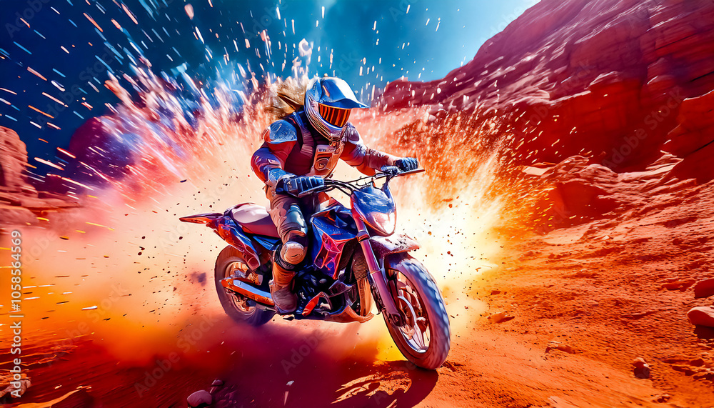 Astronaut in armored, robotic spacesuit in action on a motorcycle on ...
