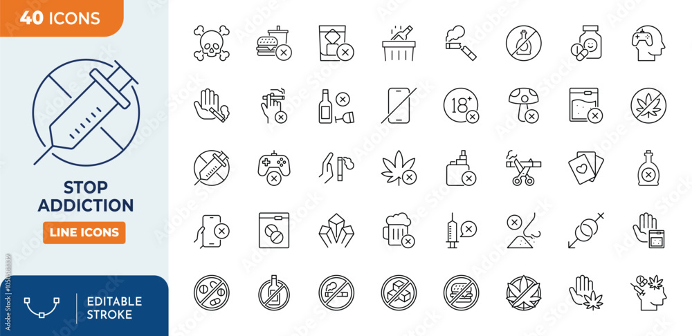 Stop addiction Line Editable Icons set. Vector illustration in thin ...