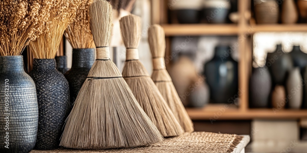 Handcrafted brooms serve as unique decorative pieces within home ...