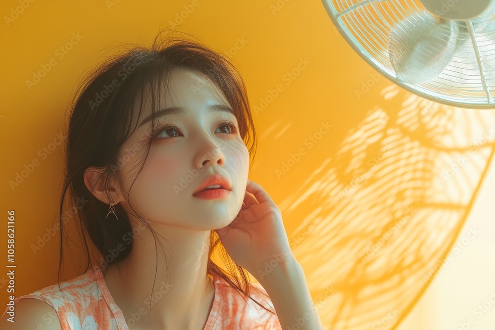 Suffering summer heat wave stroke, hot weather, tired asian young woman ...
