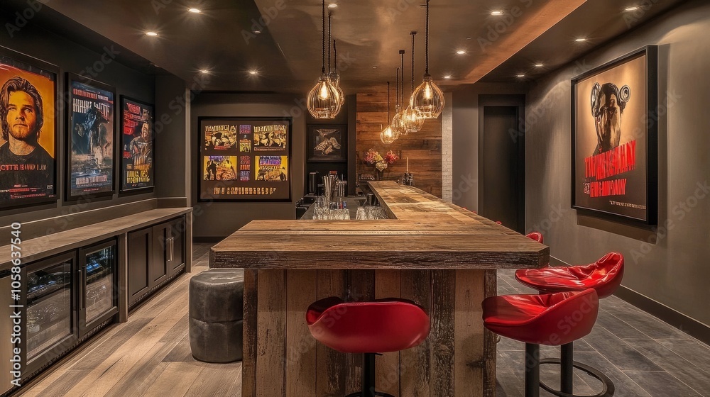 Modern bar with cozy pendant lighting, movie posters, and a rustic ...