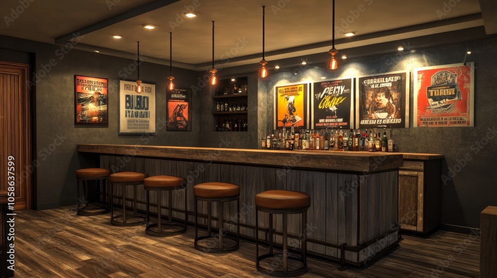 Modern bar with cozy pendant lighting, movie posters, and a rustic ...