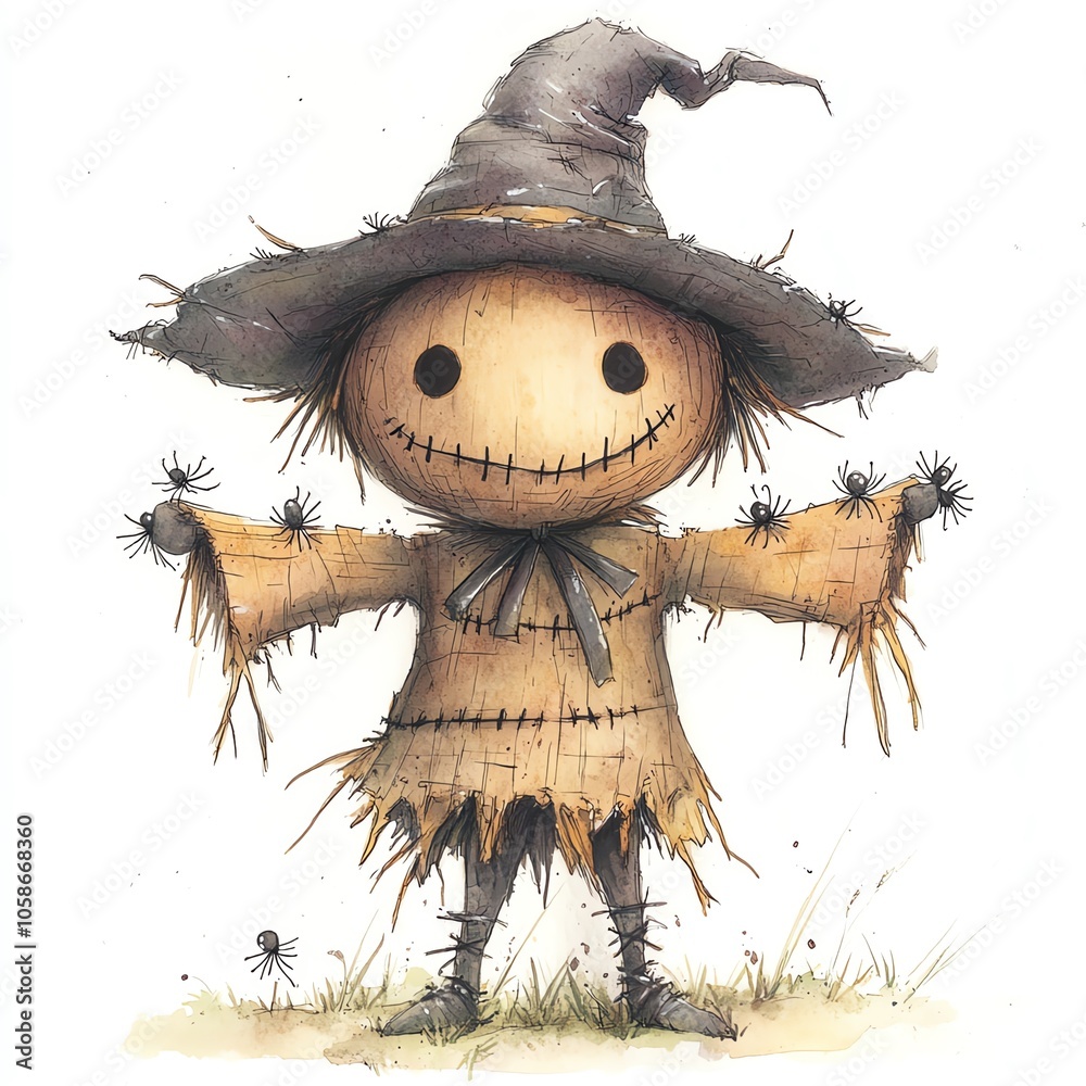 cute scarecrow with tiny smiling spiders crawling on its arms ...