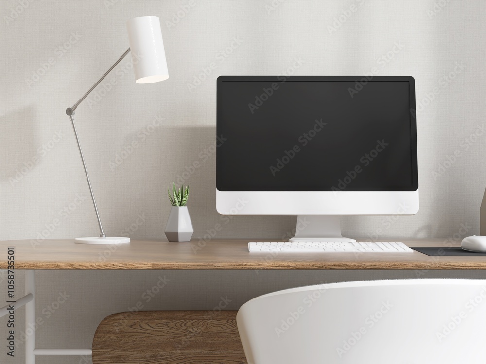 Modern wooden working desk with desktop computer, lamp, stationery ...