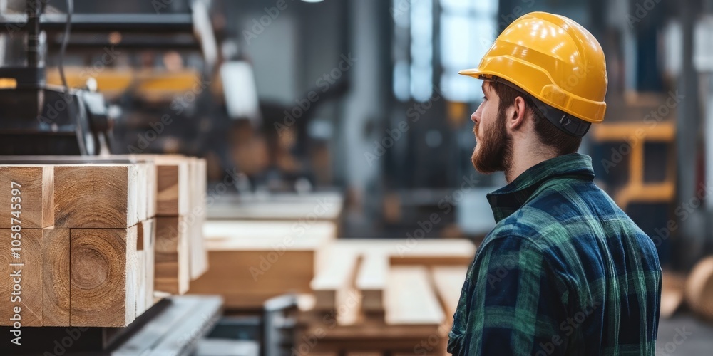 An apprentice is watching automated machinery that cuts timber in a ...