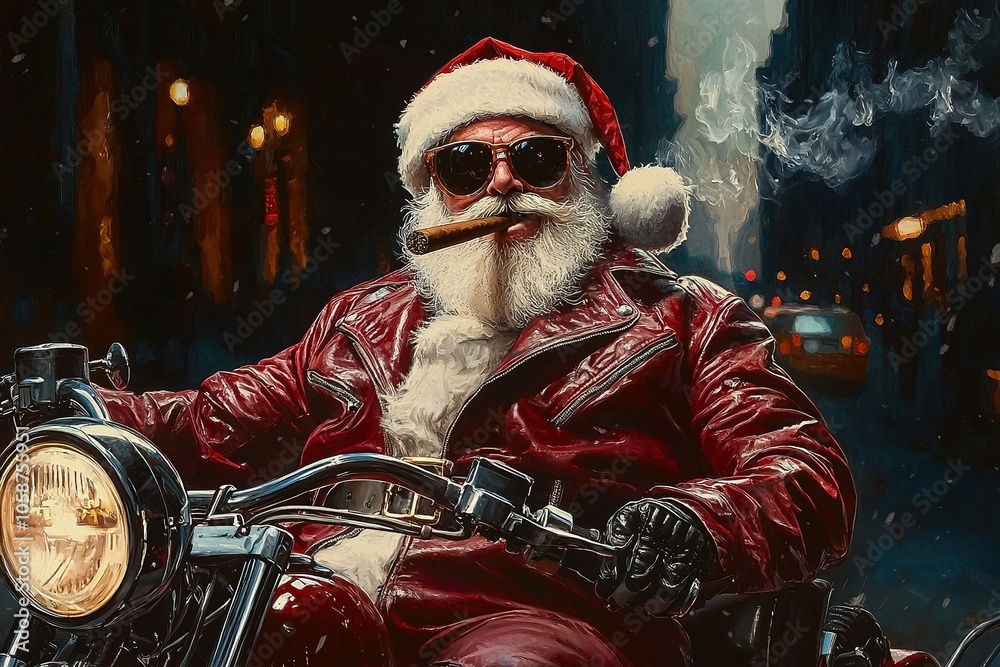Santa Claus wearing leather jacket and sunglasses smoking a cuban cigar ...