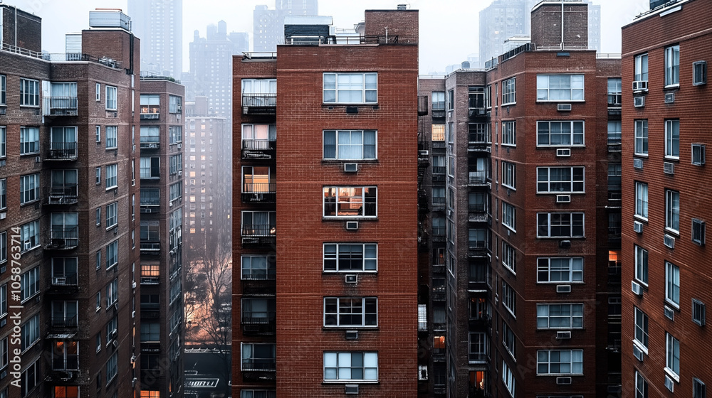 High-rise brick apartment buildings in an urban setting, with overcast ...