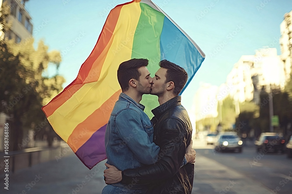 Two Men Kiss On City Street With Rainbow Flag Showing Love And Pride Two Men Kiss On City Street With Rainbow Flag Showing Love And Pride