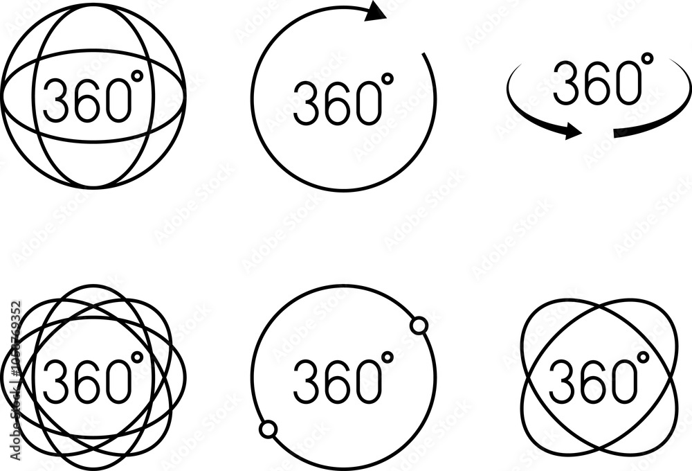 360 degrees icons set. Round signs with arrows rotation to 360 degrees ...