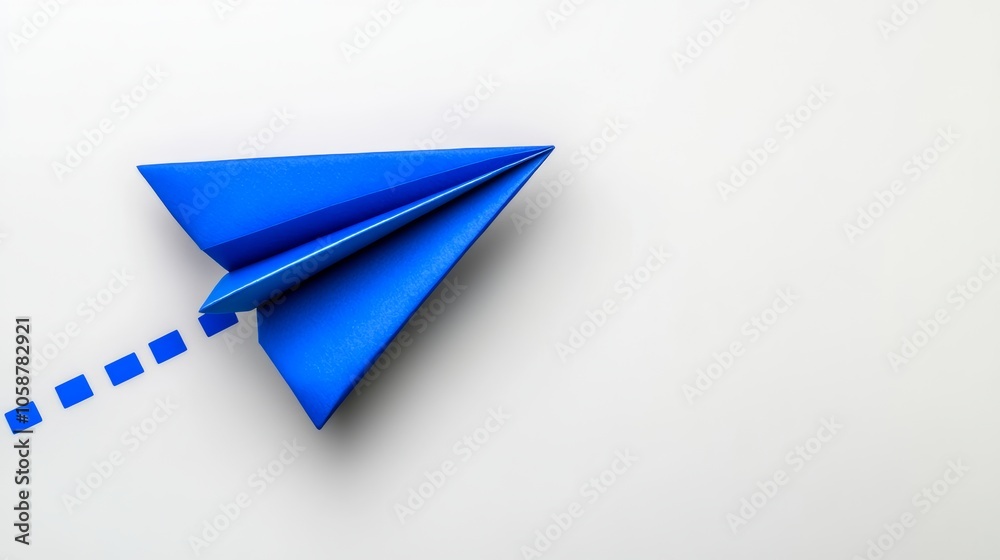 Blue paper airplane is flying in the air with a white background ...