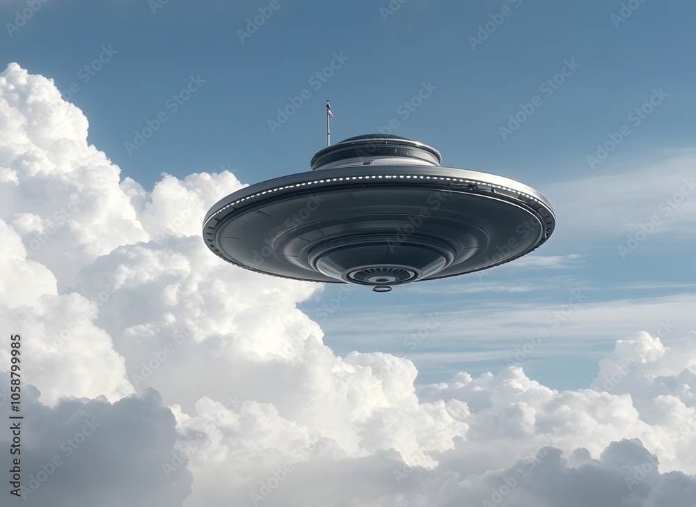 Flying saucer. A spaceship of aliens among the clouds in the sky ...