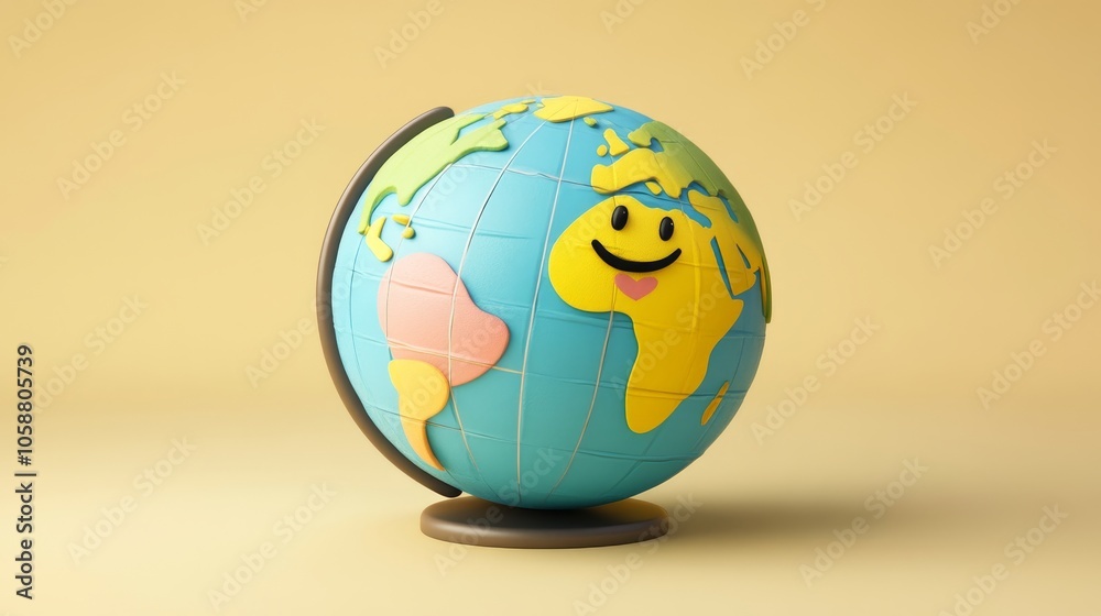 A cute cartoon depiction of a globe with a smiling face, featuring ...
