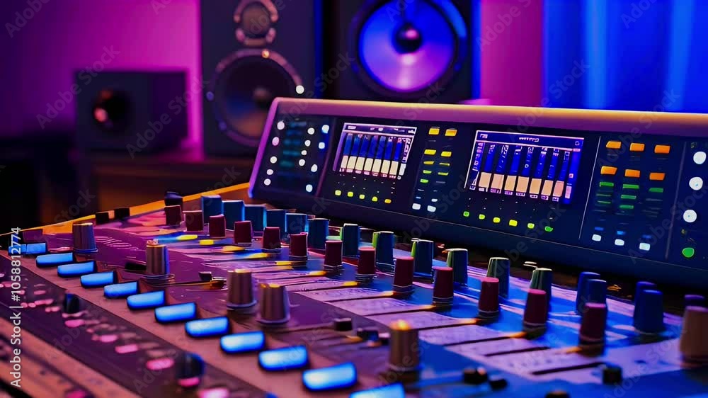 Close-up of a sound mixing console with knobs and buttons lit by ...