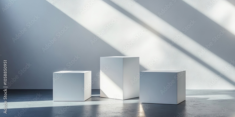 Three white cubes are positioned on the floor, illuminated by ...