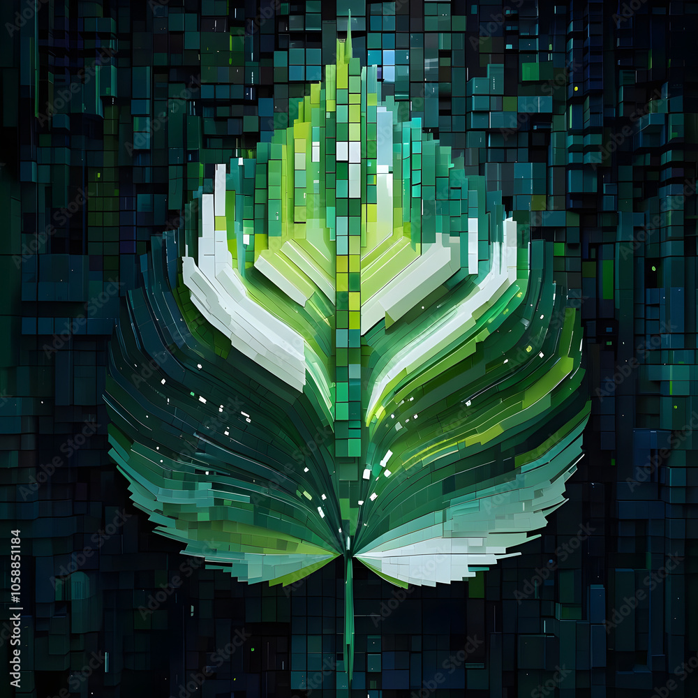 Abstract Digital Leaf Art With Layered Green Pixel Textures (Leaf ...