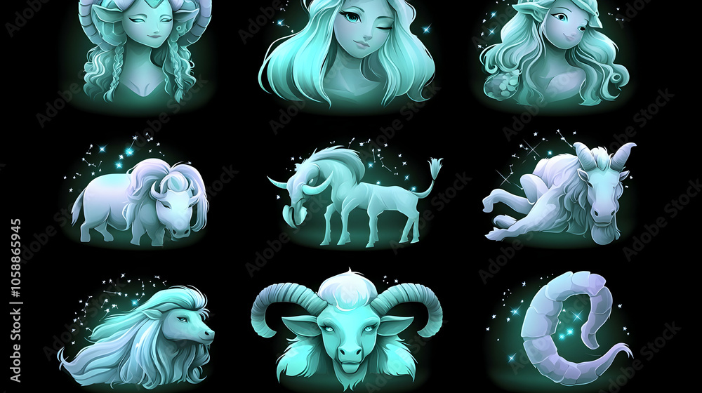 A set of nine cartoon illustrations of the zodiac signs. The ...